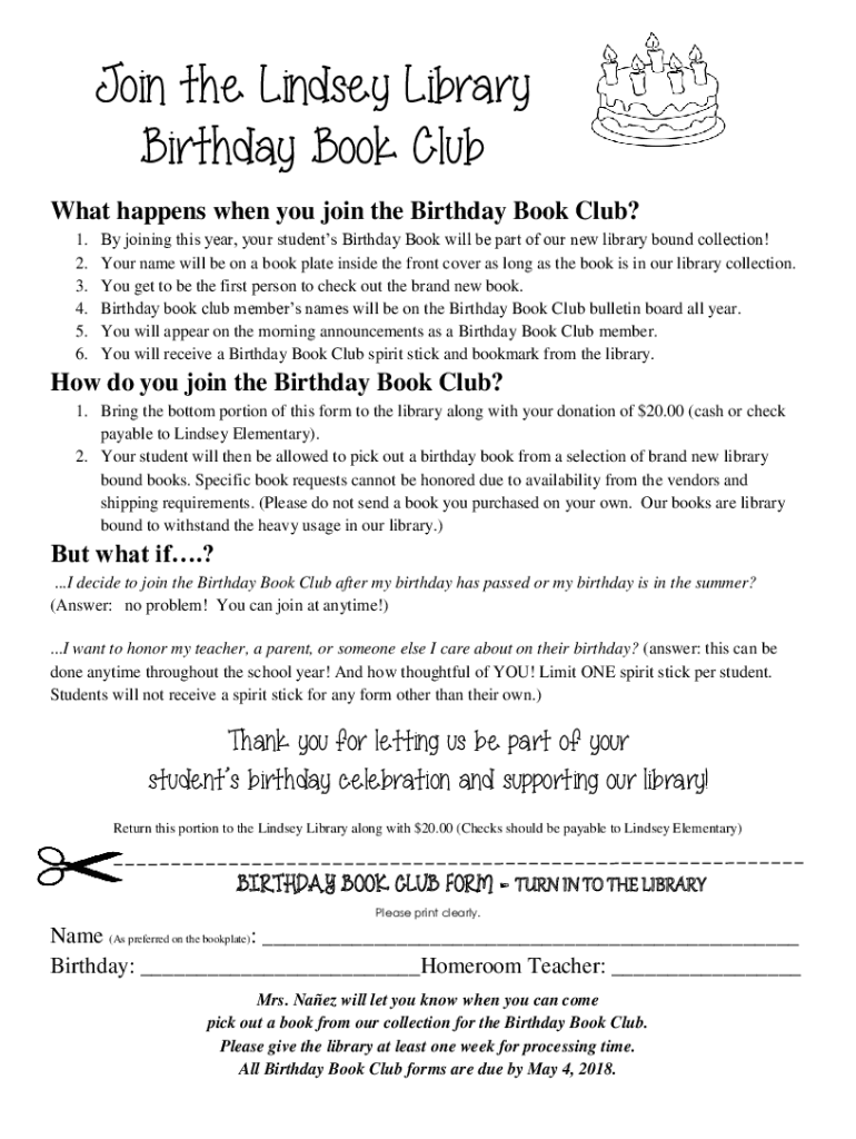 Fillable Online Birthday Book Club Kids / Welcome - Grove Elementary ...