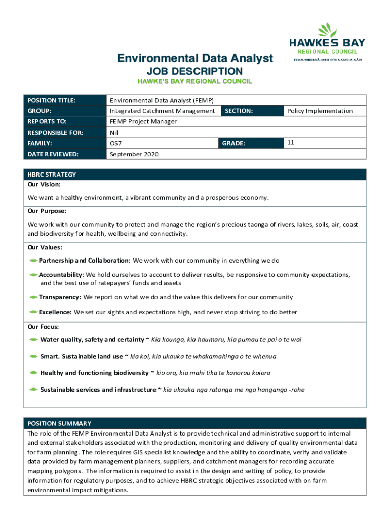 Fillable Online Environmental Data Analyst JOB DESCRIPTION Fax Email Print - pdfFiller