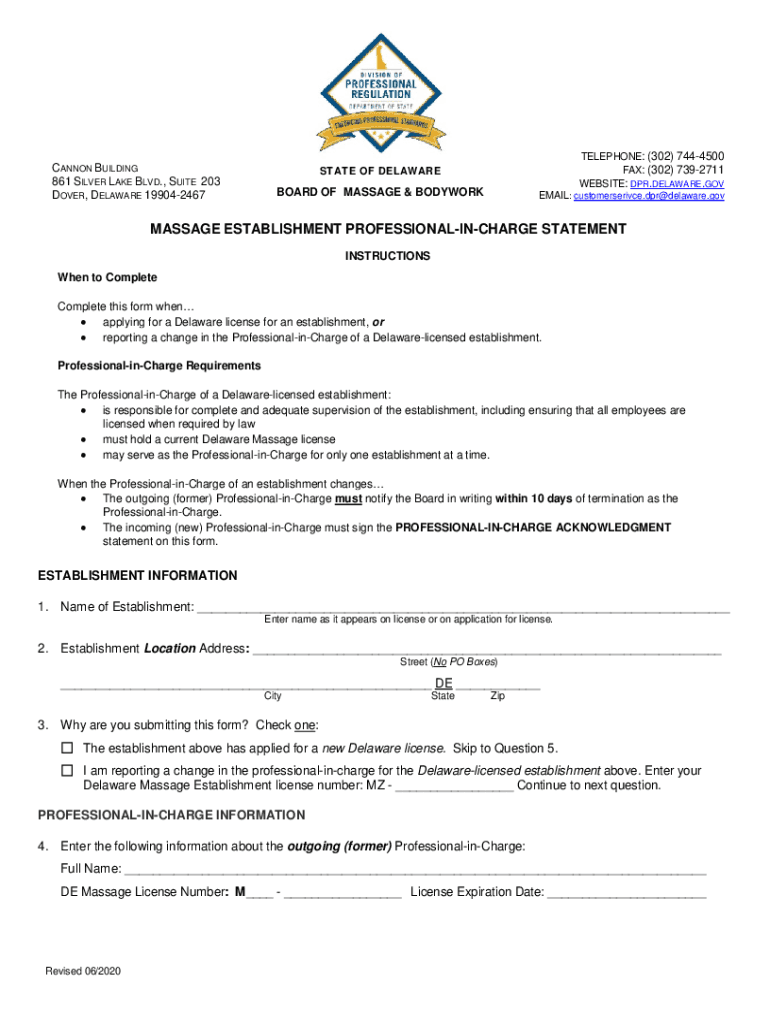 Fillable Online Massage Establishment Professional In Charge Statement ...