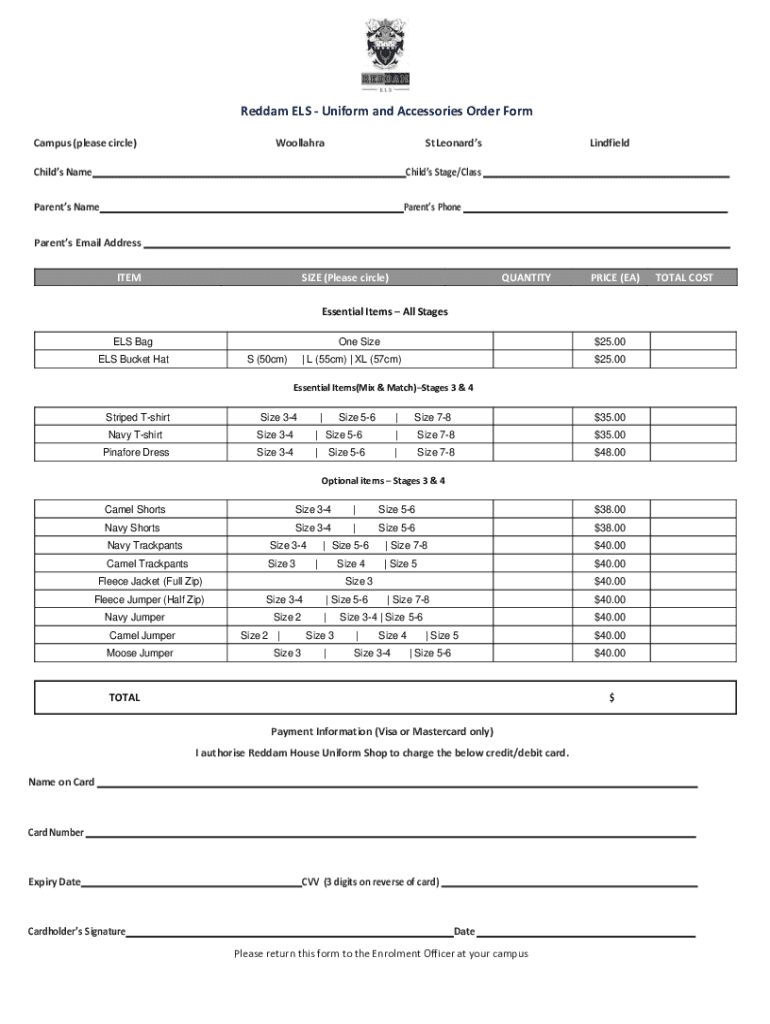 Fillable Online Reddam ELS - Uniform and Accessories Order Form Fax ...