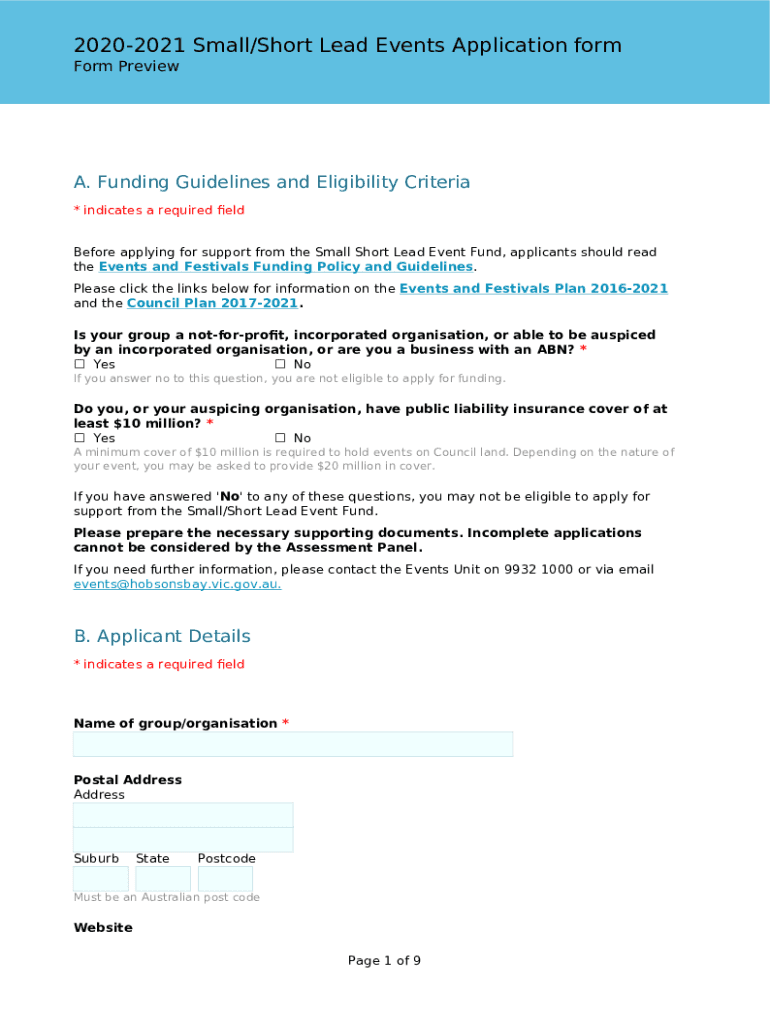 Fillable Online 2020-2021 Small/Short Lead Events Application form Fax ...