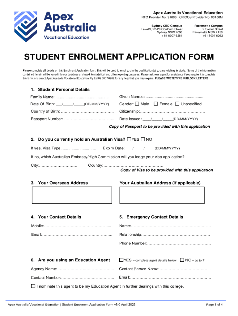 Fillable Online STUDENT ENROLMENT APPLICATION FORM - Apex Fax Email Print - pdfFiller