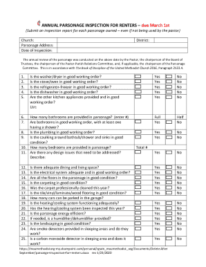 Fillable Online ANNUAL PARSONAGE INSPECTION REPORT Form to be ... Fax ...