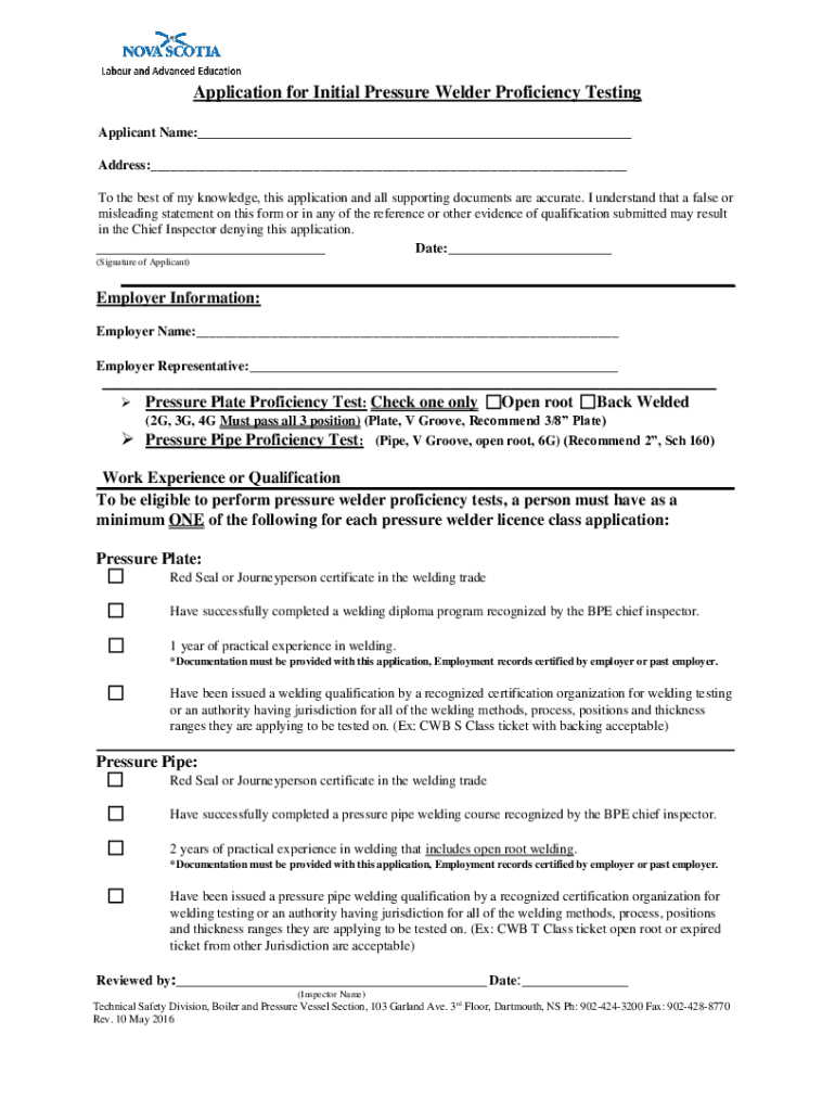 Fillable Online GRADE "C" PRESSURE WELDER: Application for Fax Email ...