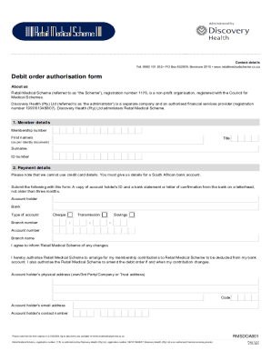 Fillable Online Retail Medical Scheme - Debit order authorisation form ...