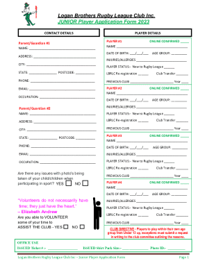 Fillable Online Logan Brothers Rugby League Football Club Fax Email ...