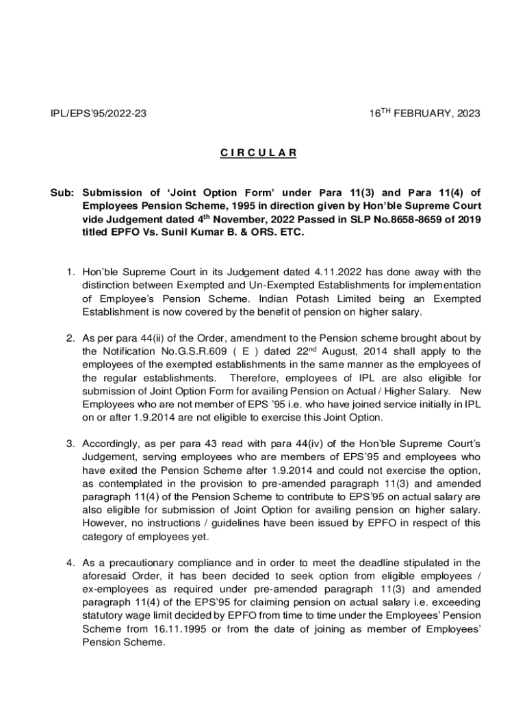 Fillable Online Circular - Submission of Joint Option Form under Para ...