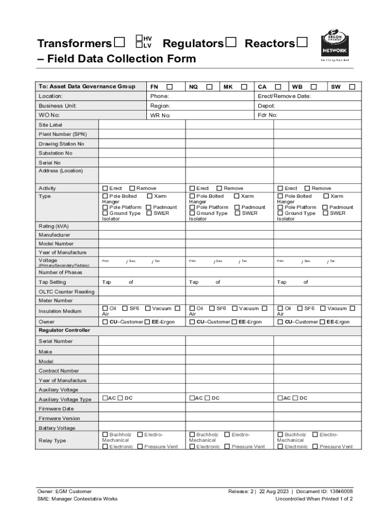 Fillable Online Transformers Field Data Collection Form 13846008 Field Data Collection Form