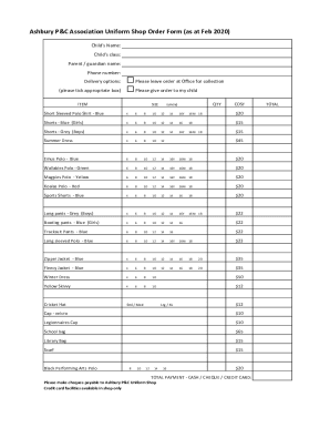 Fillable Online Ashbury P&C Association Uniform Shop Order Form (as at ...