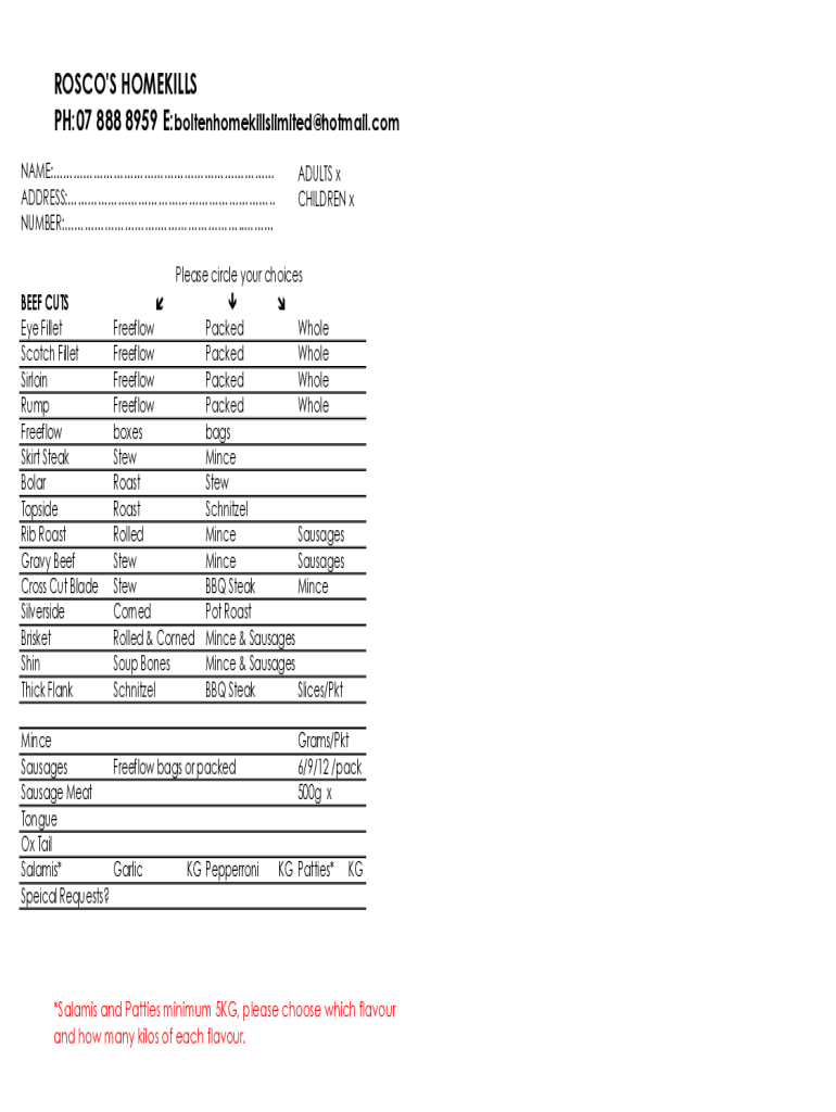 Fillable Online Updated Beef Processing Form.xlsx - Rosco's Homekills ...