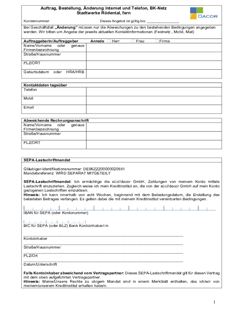 Ausfüllbar Online Auftrag, Bestellung, nderung Internet und Telefon, BK- ... Fax Email Drucken ...