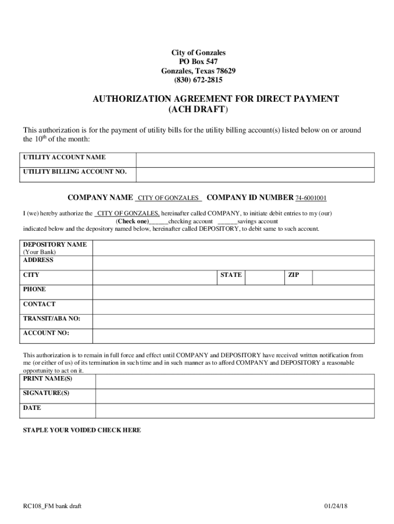 Fillable Online AUTHORIZATION AGREEMENT FOR DIRECT PAYMENT. ACH PAYMENT ...
