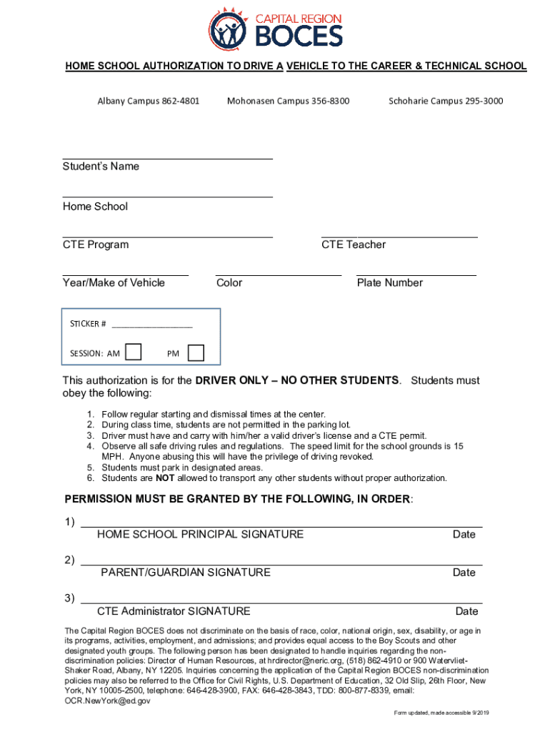 Fillable Online Authorization to Drive - From Home School Fax Email ...
