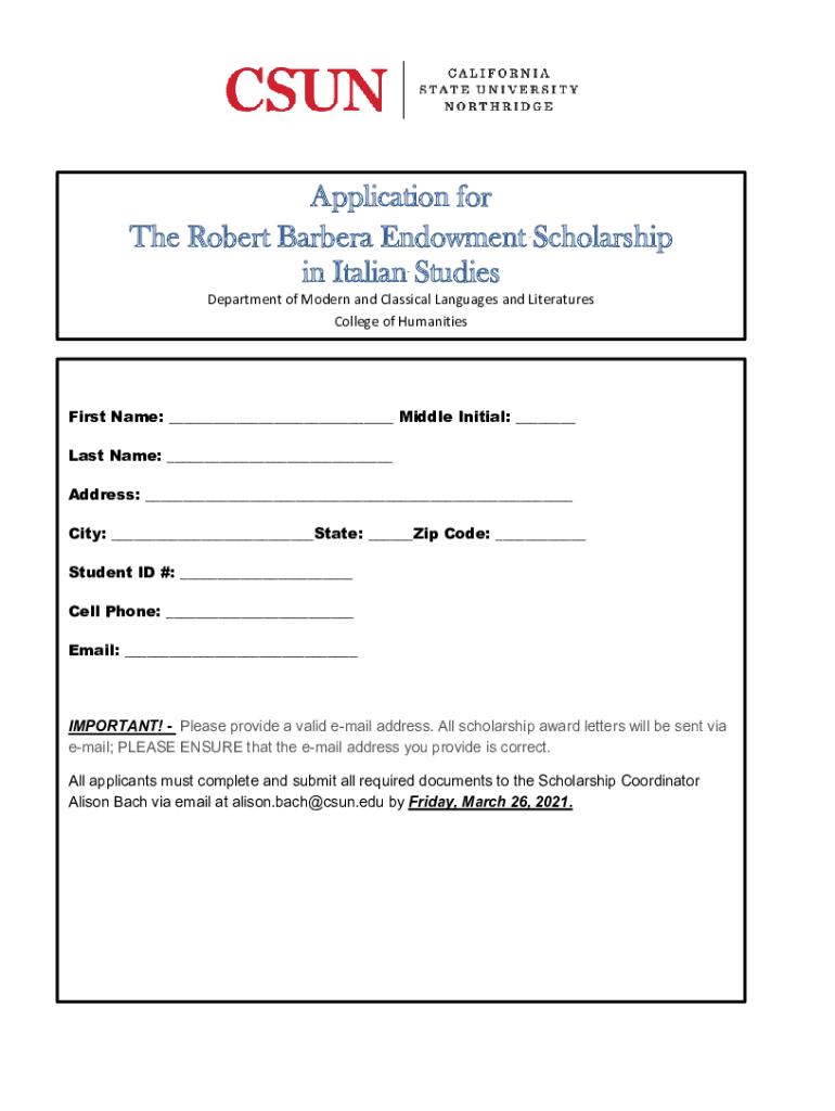 Fillable Online Application for The Robert Barbera Endowment ... Fax Email Print - pdfFiller