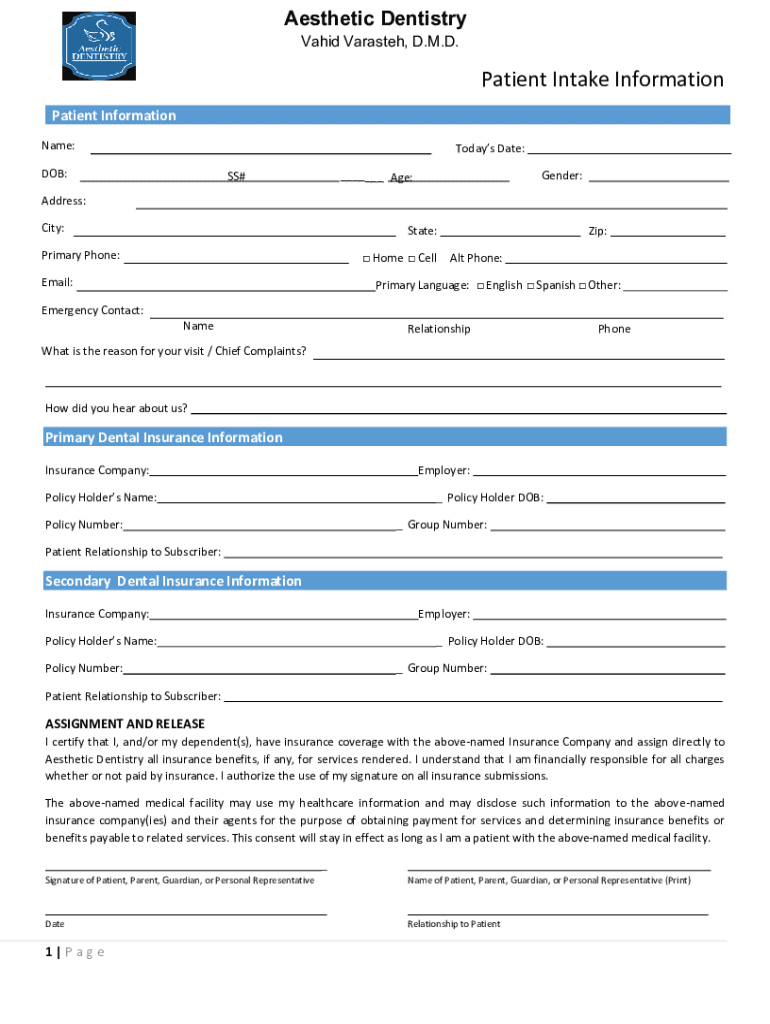 Fillable Online Patient Intake Information - Aesthetic Dentistry Fax ...