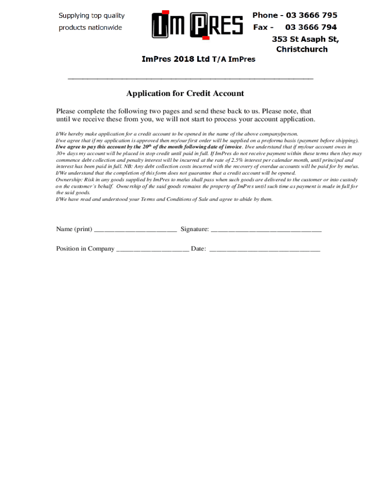 Fillable Online Application for Credit Account - Impres Fax Email Print ...
