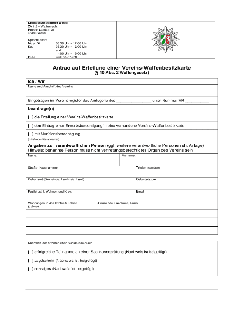 Ausfüllbar Online Antrag auf Erteilung einer Vereins-Waffenbesitzkarte ...