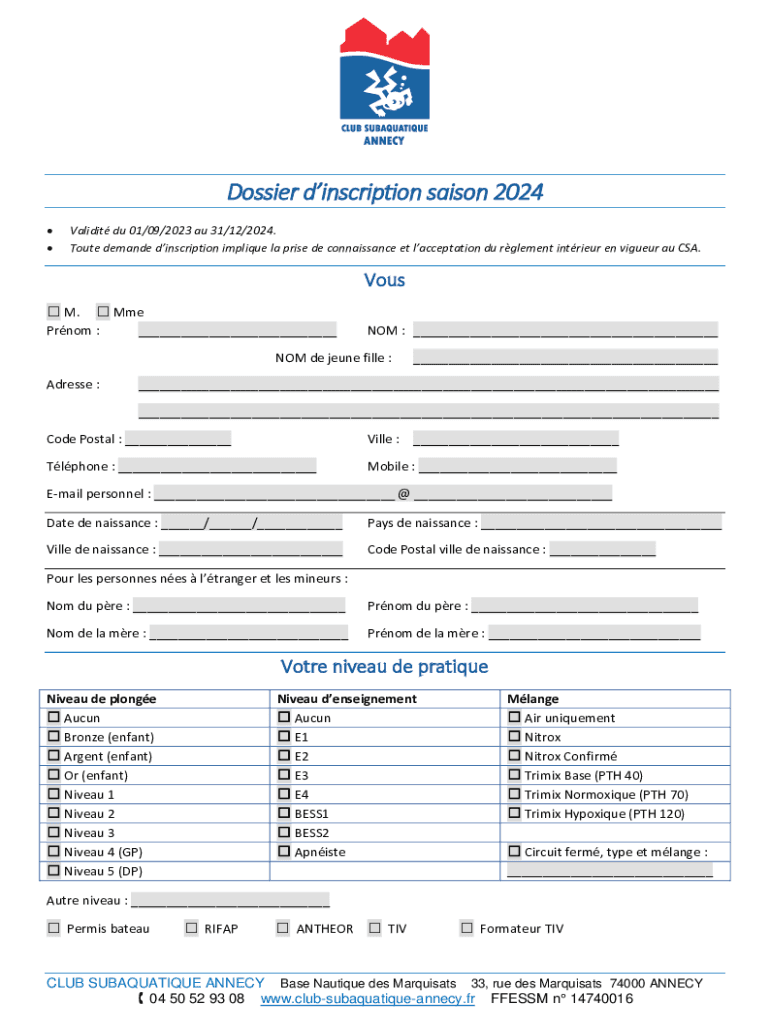 Remplissable En Ligne Dossier d'inscription saison 2024 Fax Email Imprimer - pdfFiller