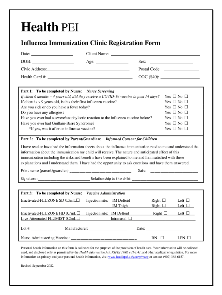 Fillable Online Health PEI - Influenza Immunization Clinic Registration ...