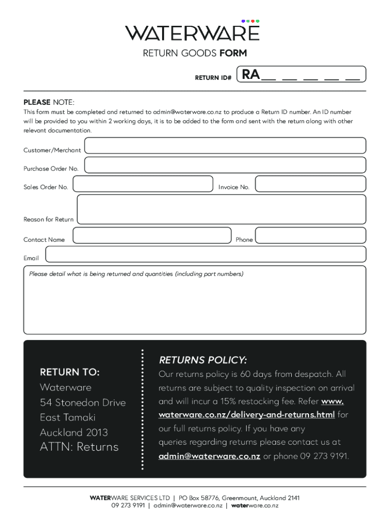 Fillable Online Return Goods Form - Auckland Fax Email Print - pdfFiller