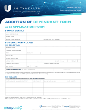Fillable Online ADDITION OF DEPENDANT FORM - Unity Health Fax Email Print - pdfFiller