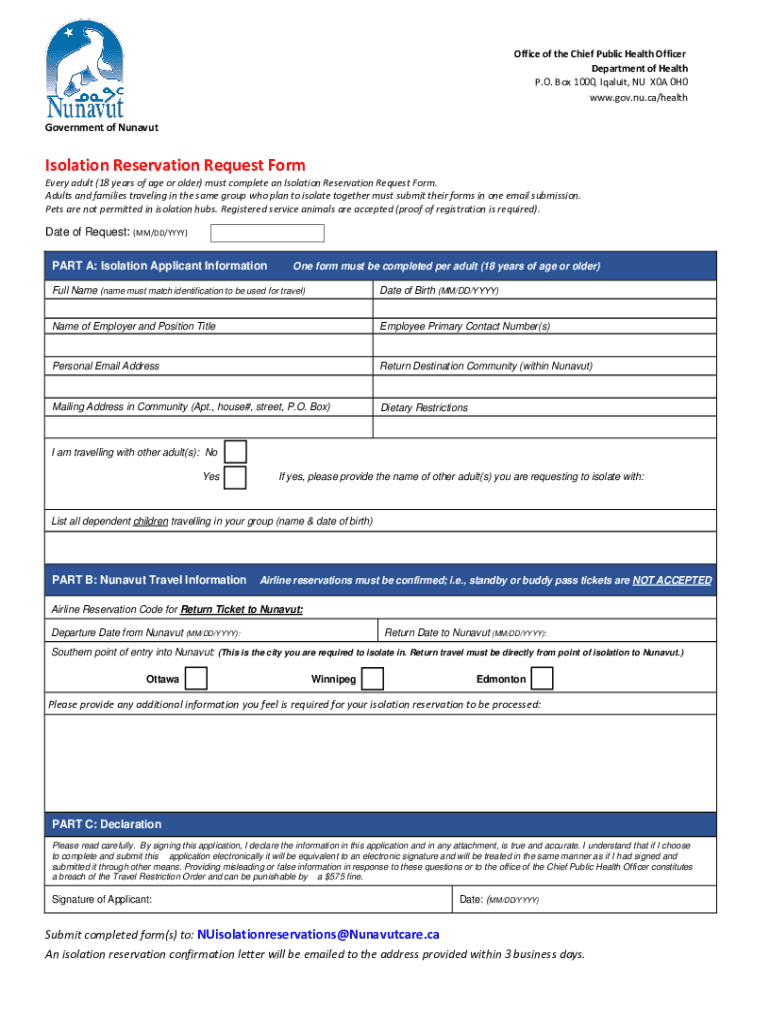Fillable Online gov nu Isolation Reservation Request Form Fax Email ...