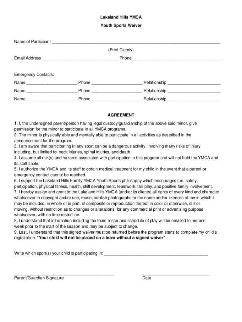Fillable Online Lakeland Hills YMCA Youth Sports Waiver Name of ... Fax ...