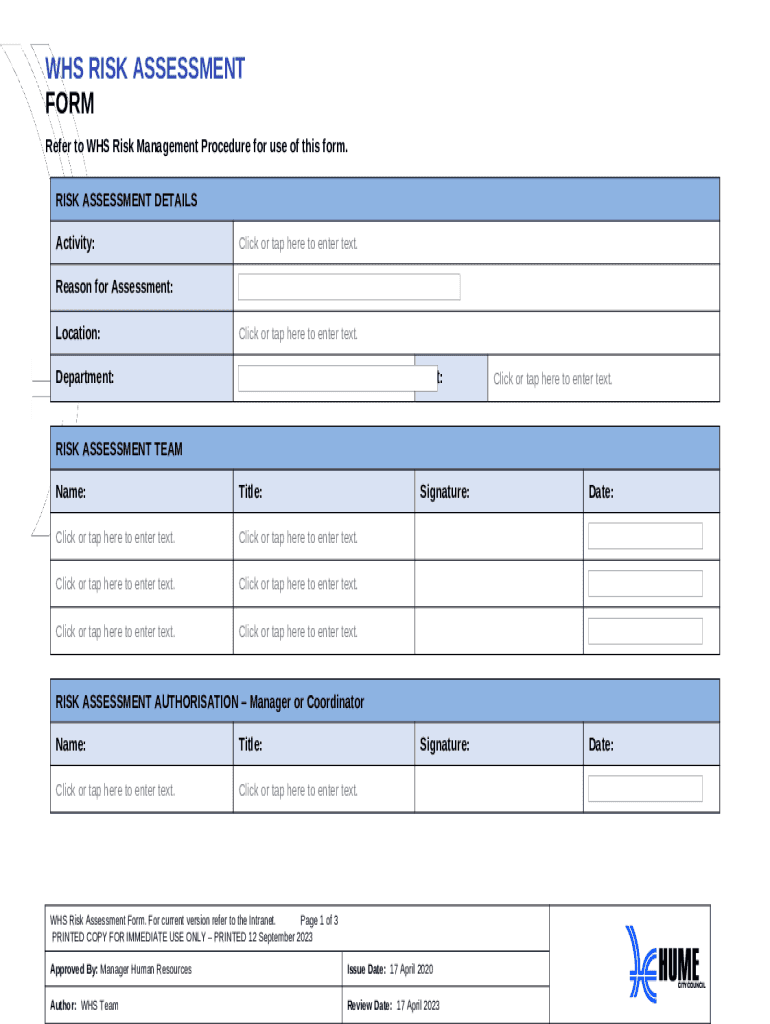 Risk Assessment (WHS) Doc Template | pdfFiller