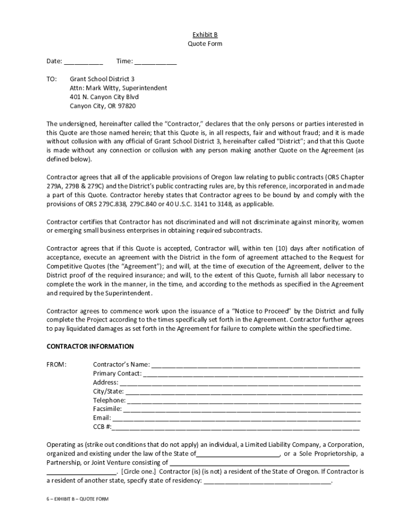 Fillable Online Exhibit B Quote Form Date:Time:TO Fax Email Print ...