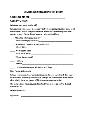 Fillable Online SENIOR GRADUATION EXIT FORM STUDENT NAME Fax Email ...