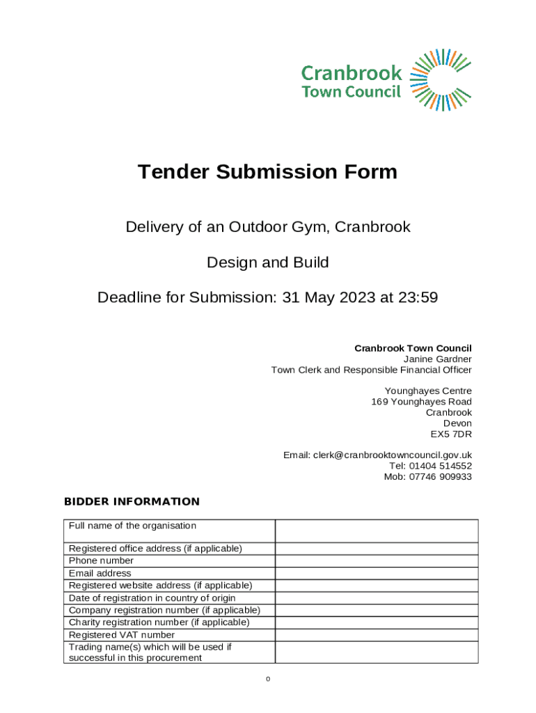 Outdoor Gym Tender Submission Doc Template | pdfFiller