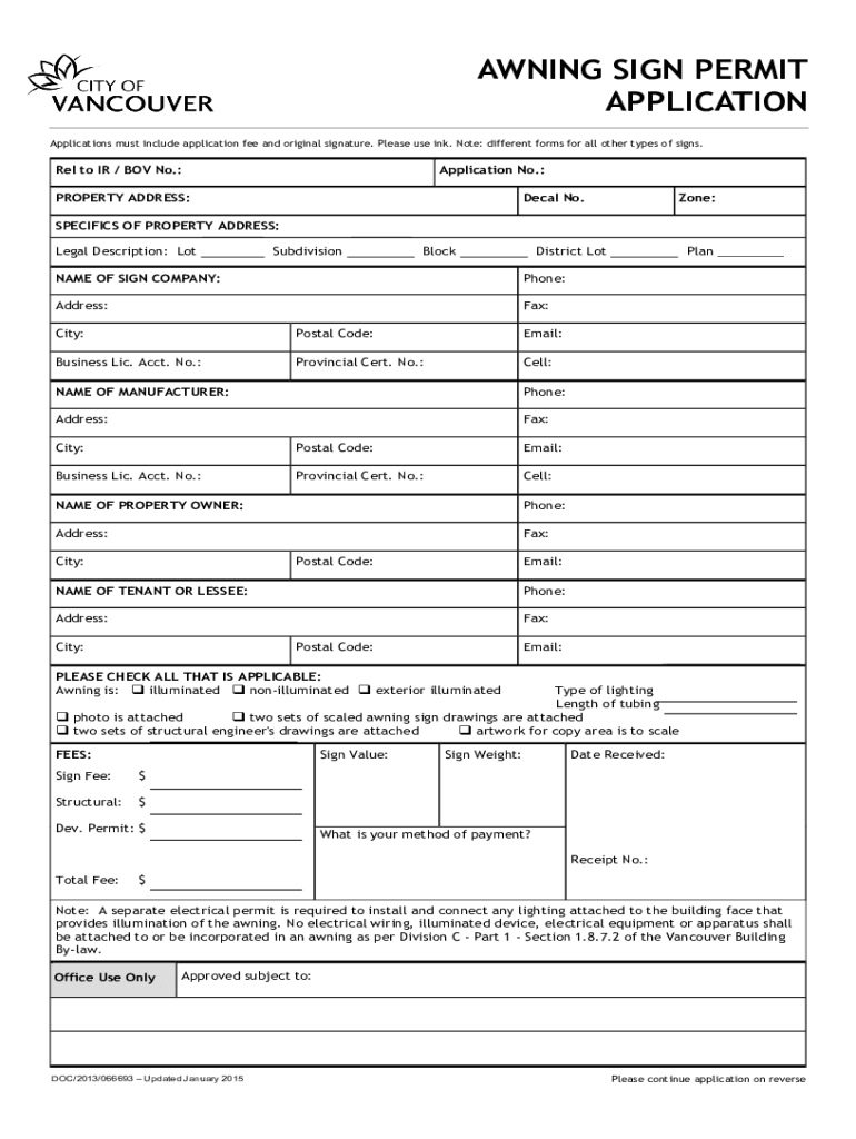 Fillable Online procedure for application for a sign and/or awning ...