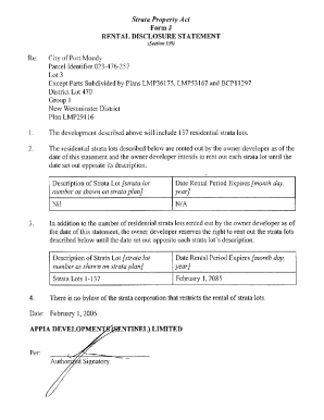 Fillable Online Re: Strata Properl)) Act Form J RENTAL DISCLOSURE ...