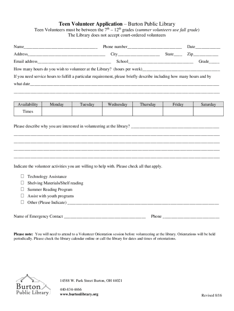 Fillable Online westlake porter public library - teen volunteer ...