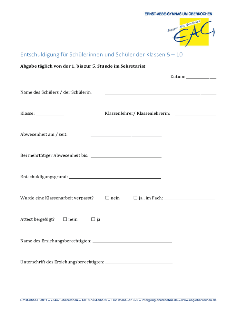 Ausfüllbar Online Entschuldigung fr Schlerinnen und Schler der Klassen ...