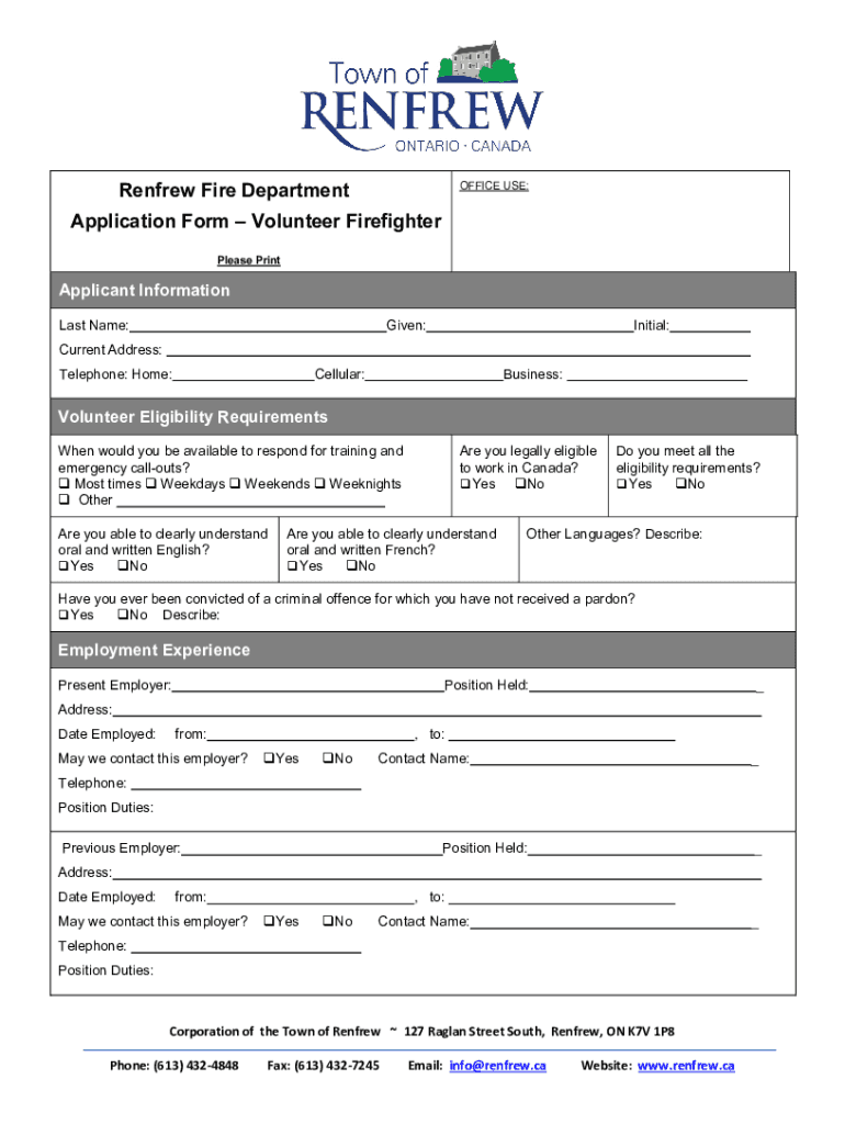 Fillable Online Renfrew Fire Department Application Form Fax Email Print - pdfFiller
