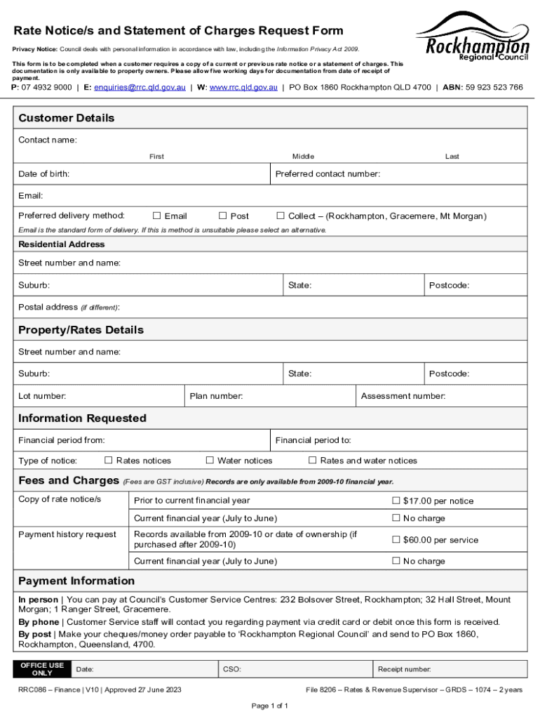 Fillable Online Rate Notice/s and Statement of Charges Request Form Fax ...