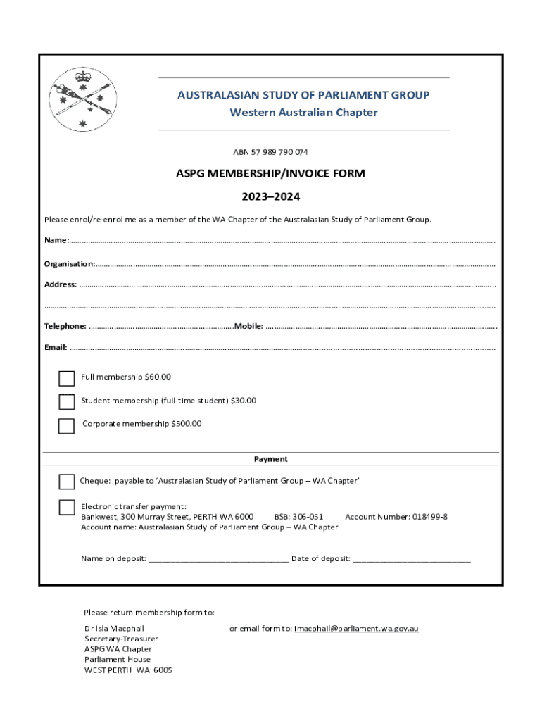 Fillable Online aspg membership/invoice form 20232024 Fax Email Print ...