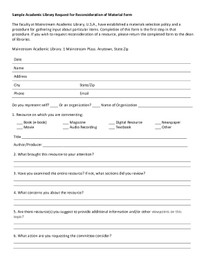 Fillable Online Sample Academic Library Request for Reconsideration of Material Form Fax Email ...