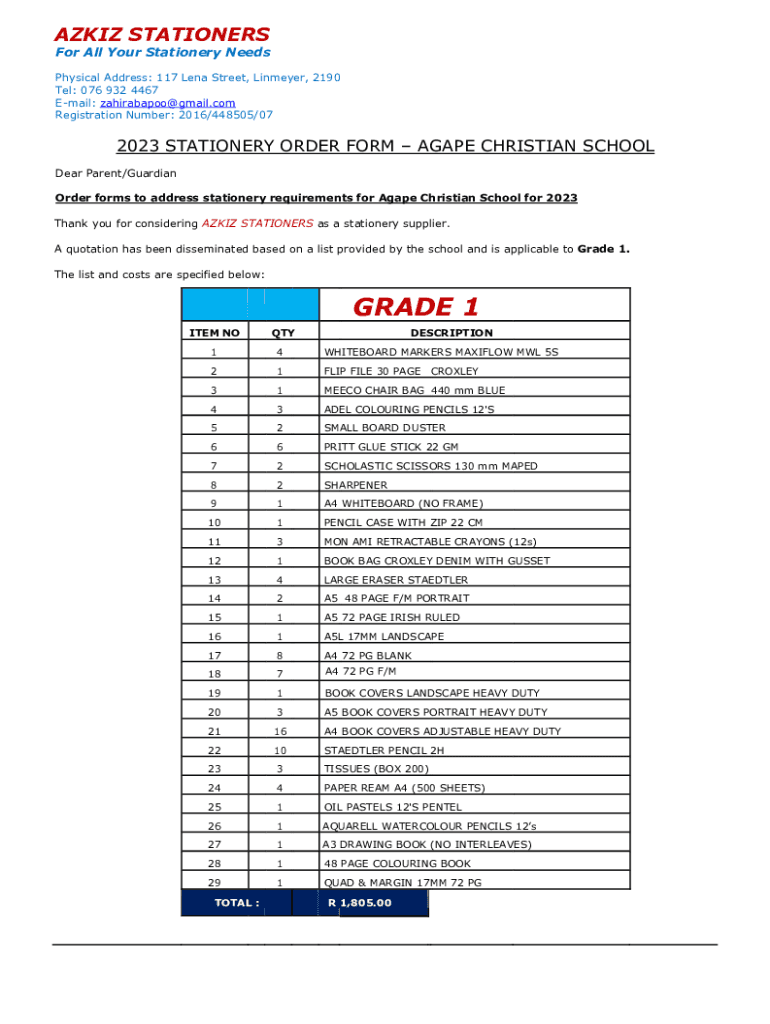 Fillable Online Grade 1 - 2023 Stationery Order Forms Fax Email Print - pdfFiller