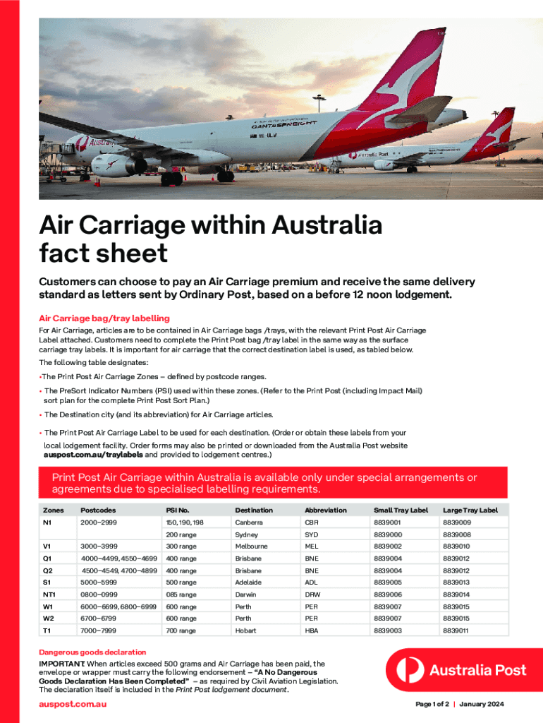Fillable Online Print Post Air Carriage within Australia fact sheet as ...