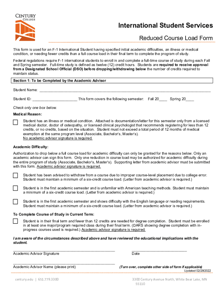 Fillable Online Reduced Course Load - International Student Services ...