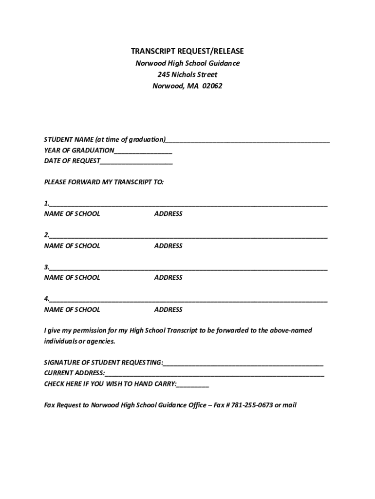 Fillable Online NHS Counseling Department - Transcript Request Fax ...
