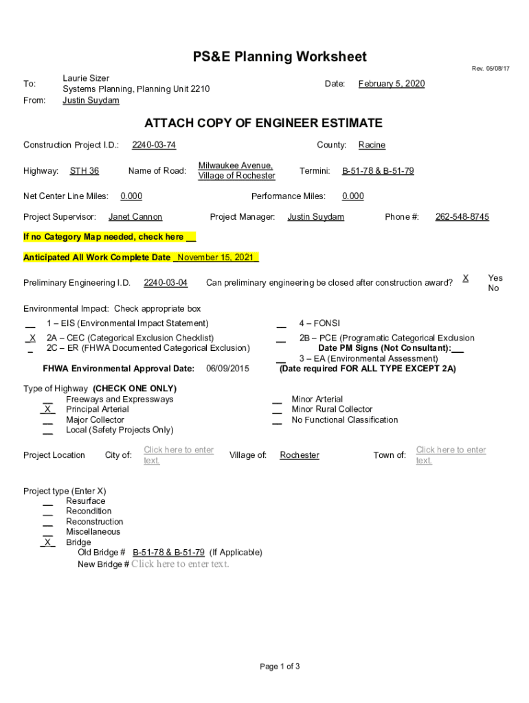 Fillable Online trust dot state wi PS&E Planning Worksheet Fax Email ...