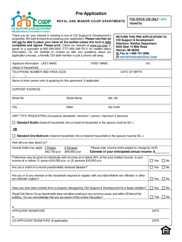 Fillable Online Royal Oak Manor Co-op - CSI Support & Development ... Fax Email Print - pdfFiller