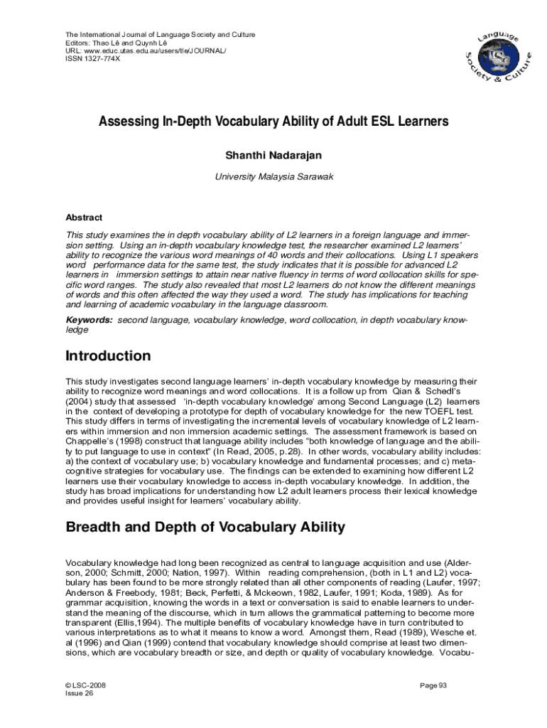 Fillable Online Assessing In-Depth Vocabulary Ability of Adult ESL ...