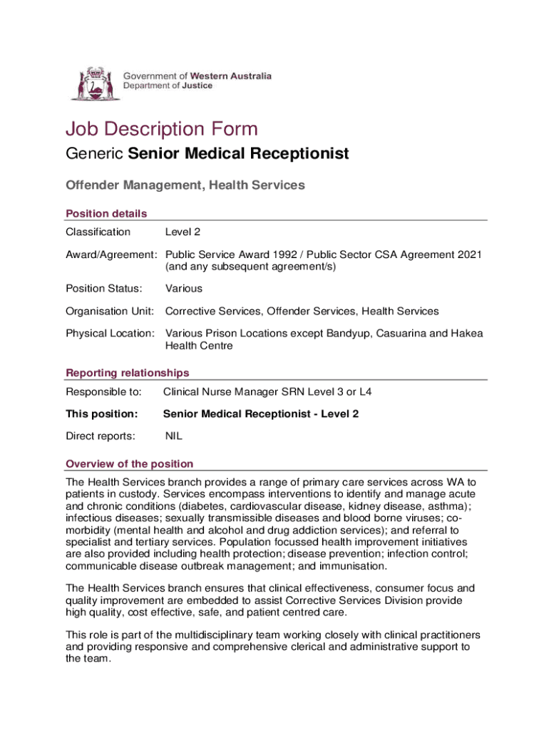 Fillable Online Job Description Form - Generic Senior Medical