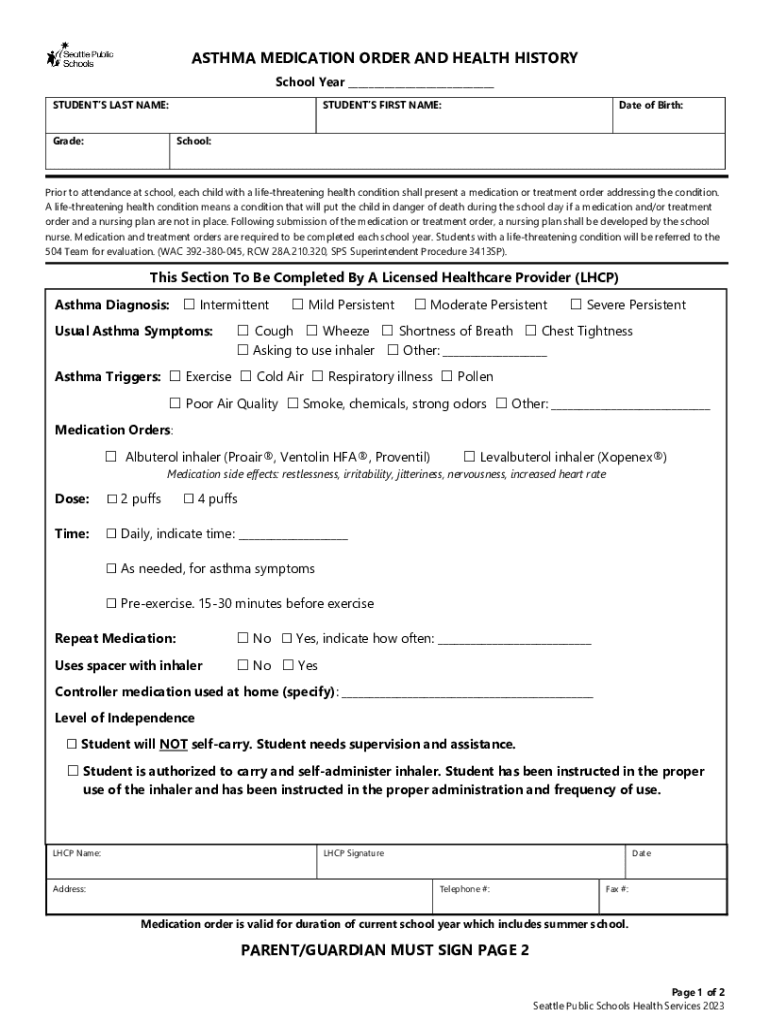 Fillable Online Asthma Medication Order and Health History Fax Email ...