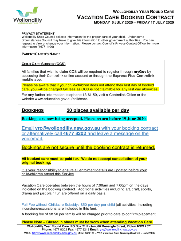 Fillable Online vacation care booking contract Fax Email Print - pdfFiller