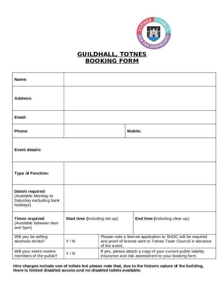 guildhall, totnes booking Doc Template | pdfFiller